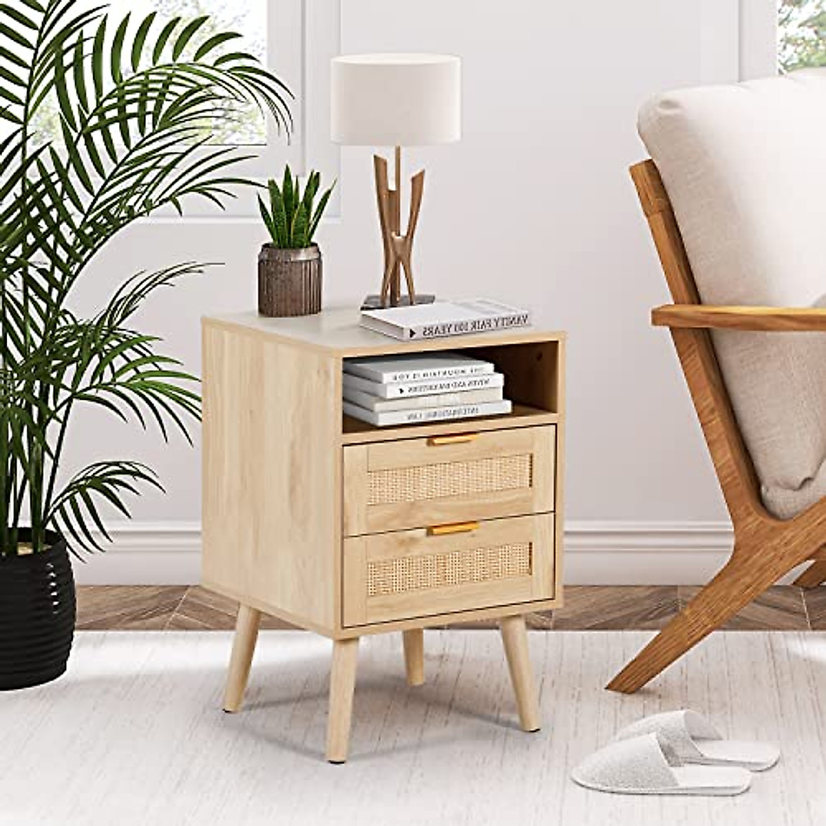 AILEEKISS Rattan Nightstands Set of 2 with Wireless Charging Station Modern Bedside Tables with Solid Wood Feet Night Stands Set of 2 with Drawers and Open Storage Shelf for Bedroom (Natural 2 Sets)