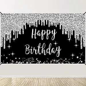 Black White Silver Happy Birthday Banner Decorations for Women Girls, Black Silver Happy Birthday Backdrop Sign Party Supplies, 16th 21st 30th 40th 50th 60th 70th Birthday Poster Background Decor
