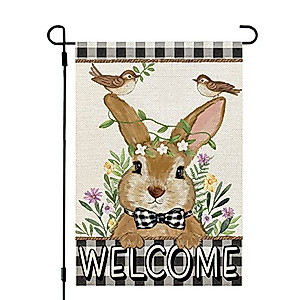 CROWNED BEAUTY Easter Bunny Garden Flag Floral 12x18 Inch Double Sided for Outside Burlap Small Buffalo Plaid Birds Welcome Yard Holiday Flag CF717-12