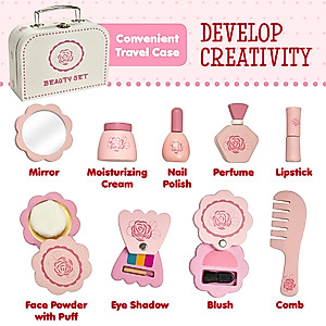 Dragon Drew Wooden Toy Beauty Set – 10 Piece Kit - Girls Salon Set with Makeup, Brush, Mirror and Cosmetics Case - 100% Natural Wood, Nontoxic Paint, Smooth Edges