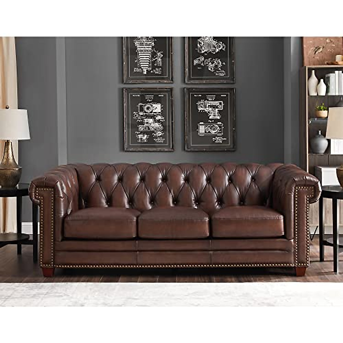 Hydeline Stanwood Top Grain Leather Sofa Couch, 89'', Caramel Brown