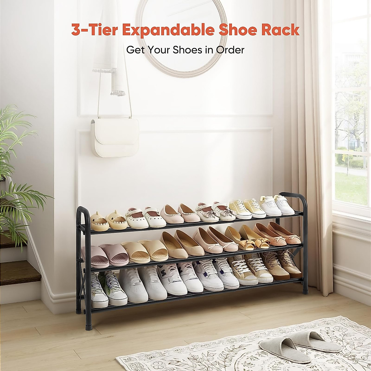 Tadelz 3-Tier Expandable Shoe Rack, Adjustable Metal Shoe Rack for Closet Free Standing Shoe Shelf Storage Organizer for Front Door Small Space Entryway Garage Hallway Bedroom, Black