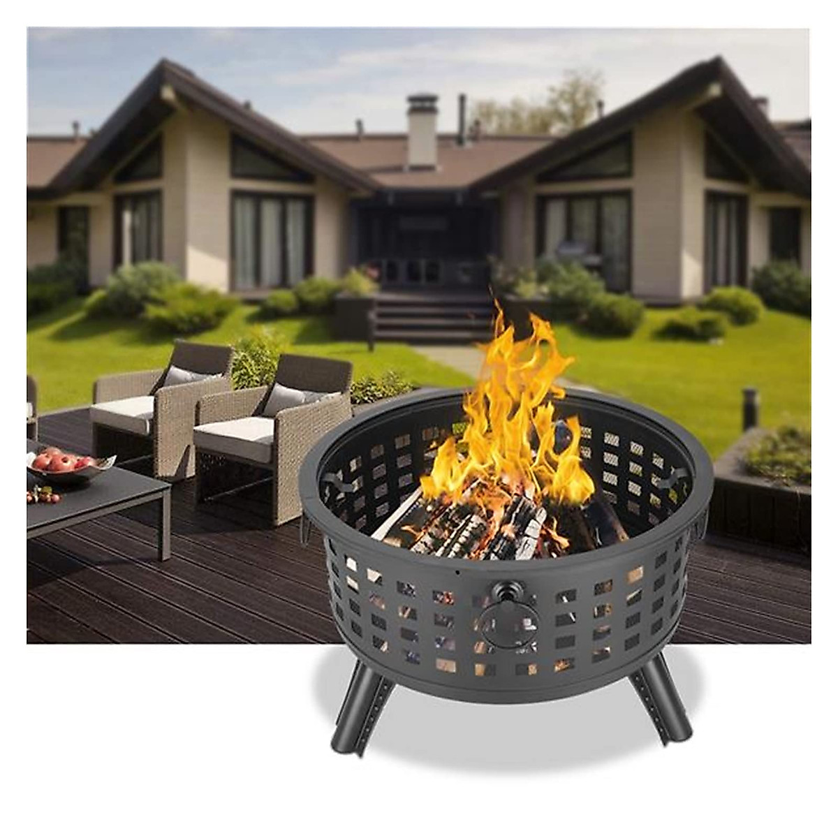 LIUXUEFE Round Outdoor Fire Pit, Brazier Poker Spark Screen Outside Flame Retardant Net Cover, Metal Grate Black