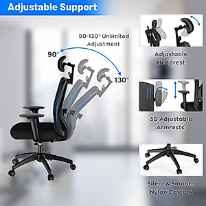MUNNAR Ergonomic Office Chair, Home Office Desk Chairs, Comfy Mesh Office Chair, Computer Desk Chair Gaming Chair with Adjustable Lumbar Support, Headrest and Armrest, SGS Certified Gas Cylinder