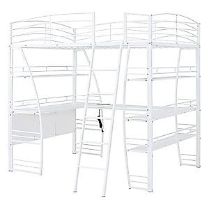 EMKK Full Size Loft Bed with 4 Layers of Shelves and L-Shaped Desk, Stylish Metal Frame Bed with a Set of Sockets, USB Ports and and Wireless Charging