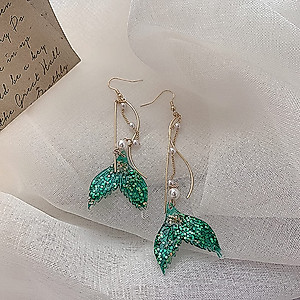 Sequins Mermaid Tail Earrings For Women Fantasy Ocean Princess Earrings Tassel Earrings Creative Ear Hook Translucent Fishtail Pendant Pearl Earrings