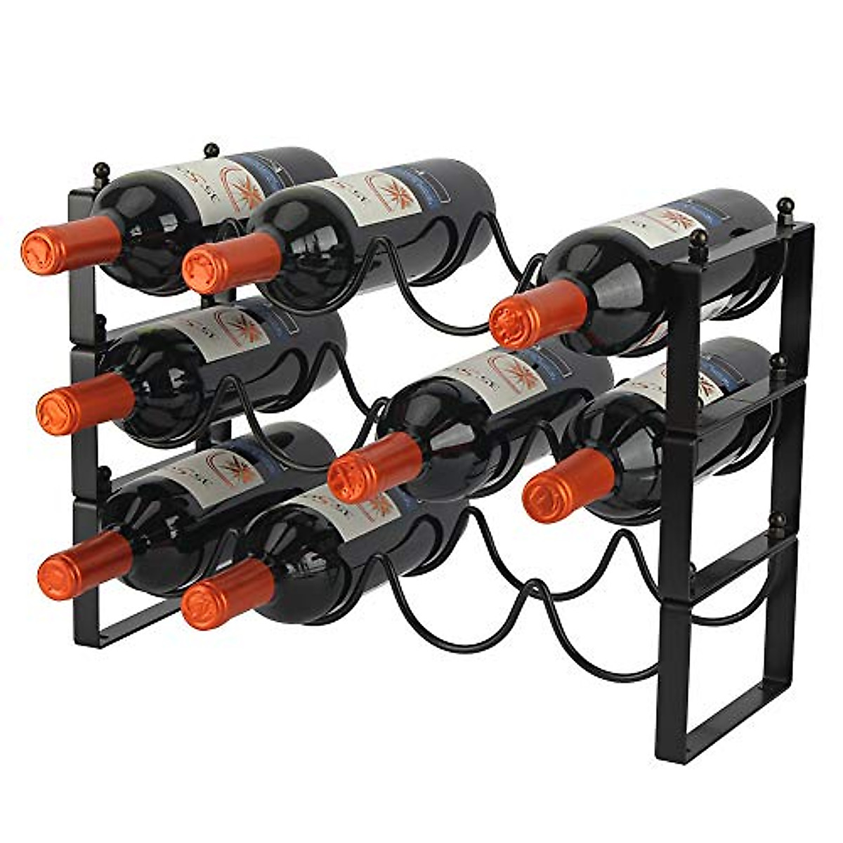 DreamiDeco 3 Tier Stackable Wine Rack, Countertop Cabinet Wine Holder Storage Shelf Free Standing Bottles Holder Organizer - Hold 12 Bottles for Kitchen Pantry Cabinet Bar (Metal, Black)