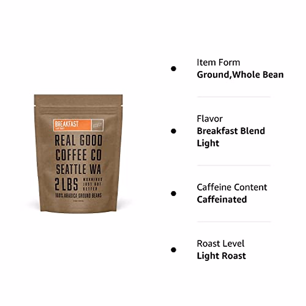 Real Good Coffee Company - Ground Coffee - Breakfast Blend Light Roast Coffee - 100% Arabica Coffee Beans - Roasted and Ground in Seattle, WA - 2 Pound Bag