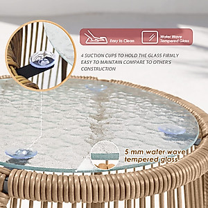 NICESOUL® 3 Pcs Boho Outdoor Small Patio Furniture Chair Set with Beige Cushion and Round Glass Table Side Table Natural Color Wicker Conversation Chair Set Bistro Set for Garden Balcony Deck Porch