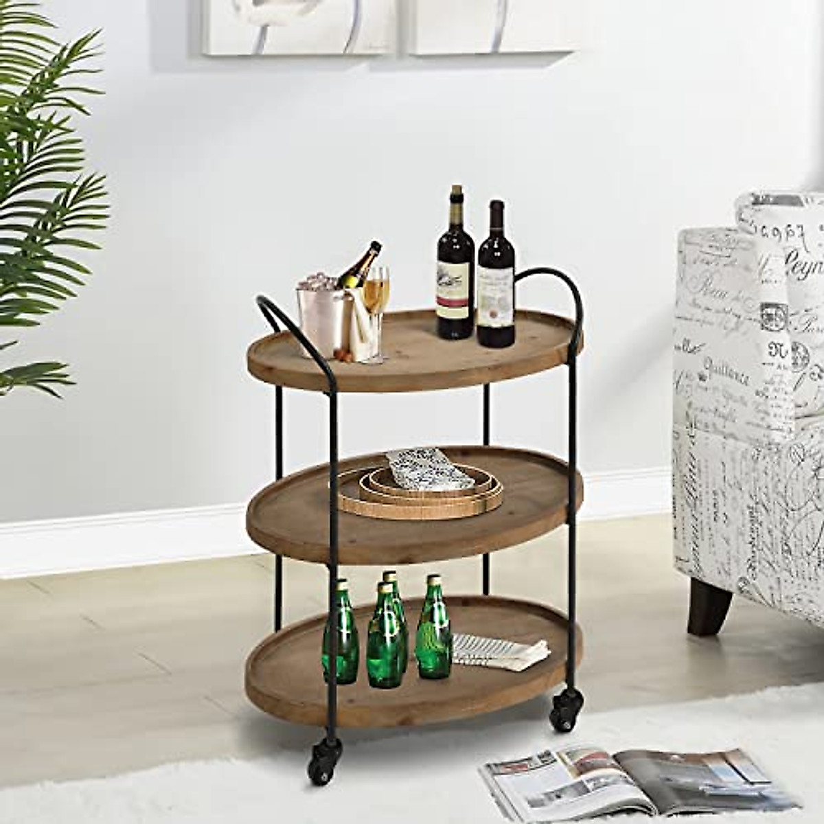 The Urban Port 23-Inch Wood Bar Cart with 3-Tier Storage Trays and Metal Frame, Brown and Black
