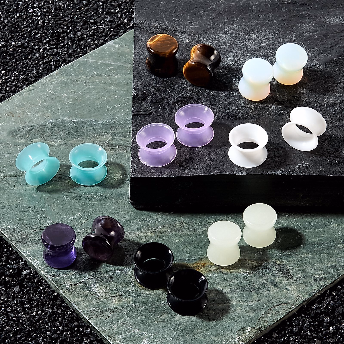 JOYTOYOU 8 Pairs Ear Tunnels Ear Plugs Silicone & Stone Ear Gauges Double Flare Soft Silicone Ear Expander Stretchers Piercing Jewelry 2G 6MMM