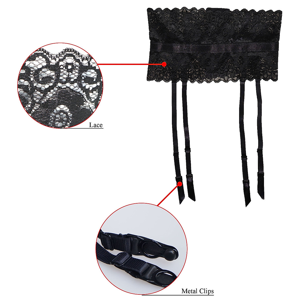 Women Lace 4 Straps Metal Buckles Mysterious Black Sexy Garter Belt for Stockings S508B (Medium)