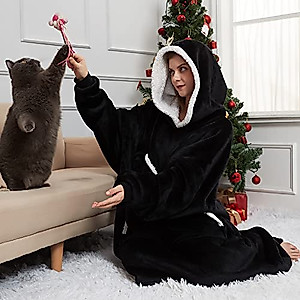 Cozystar Wearable Blanket Hoodie with Giant Pocket （Cat Approved） Extra Soft Sherpa Fleece Thick Warm ＆ Cozy Oversized Sweatshirt Blanket Jacket with Sleeves Gifts for Adult Men Women - Black