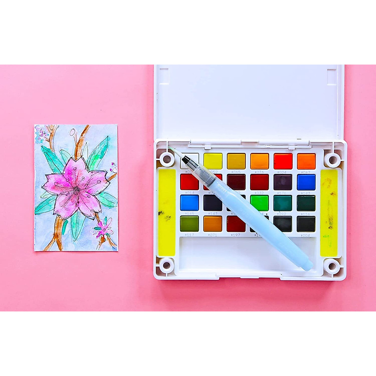 Sakura Koi Pocket Field Sketch Kit - Watercolor Sets for Painting On the Go - 24 Colors - 1 Water Brush - 1 Sponge - 1 Mixing Palette