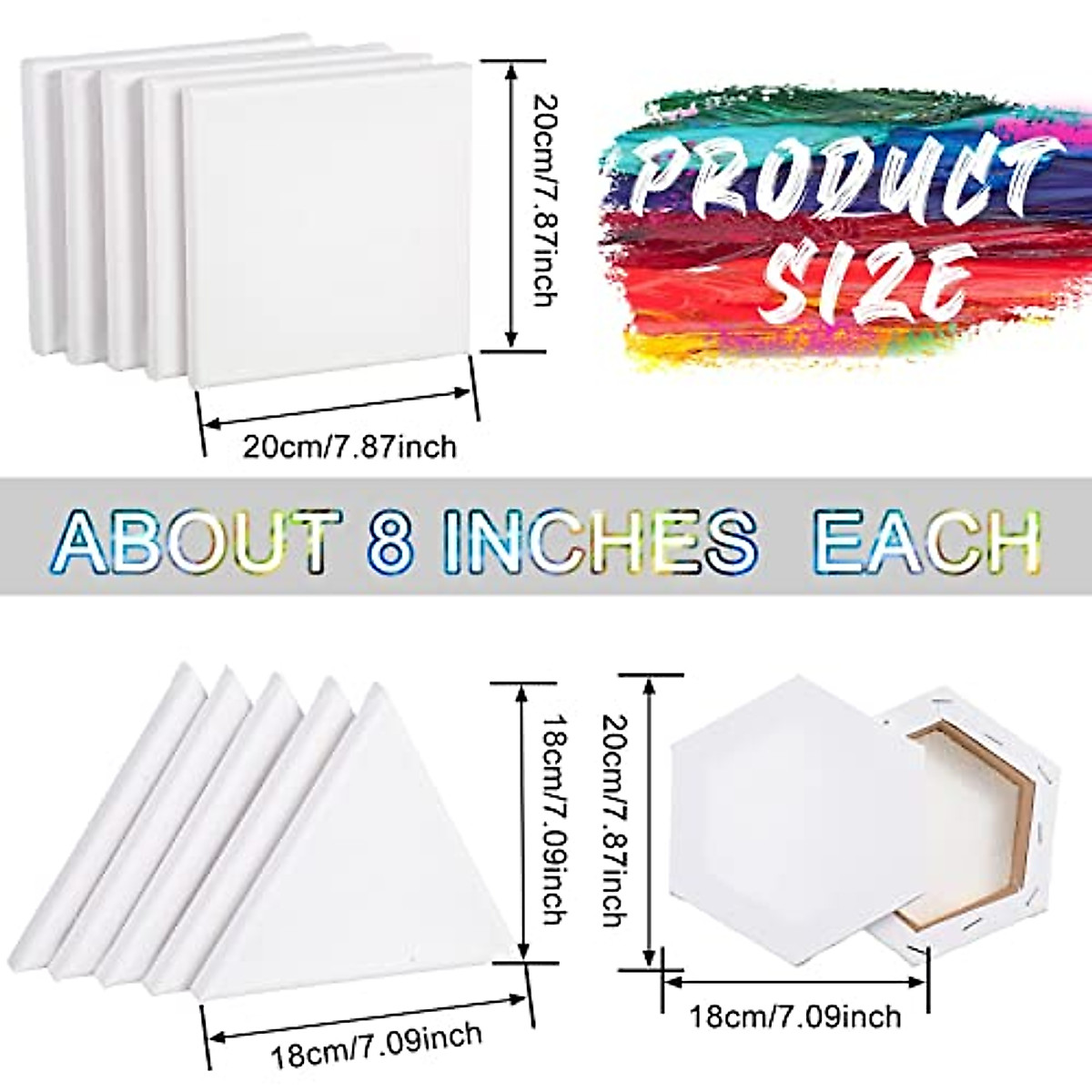 Chinco 12 Pieces Stretched Painting Canvas Side Length Blank Canvas Triangle Square Hexagon Shape Fabric Canvas Panels Boards Art Supplies for Painting Acrylic Pouring Artist Painters(8 Inch)