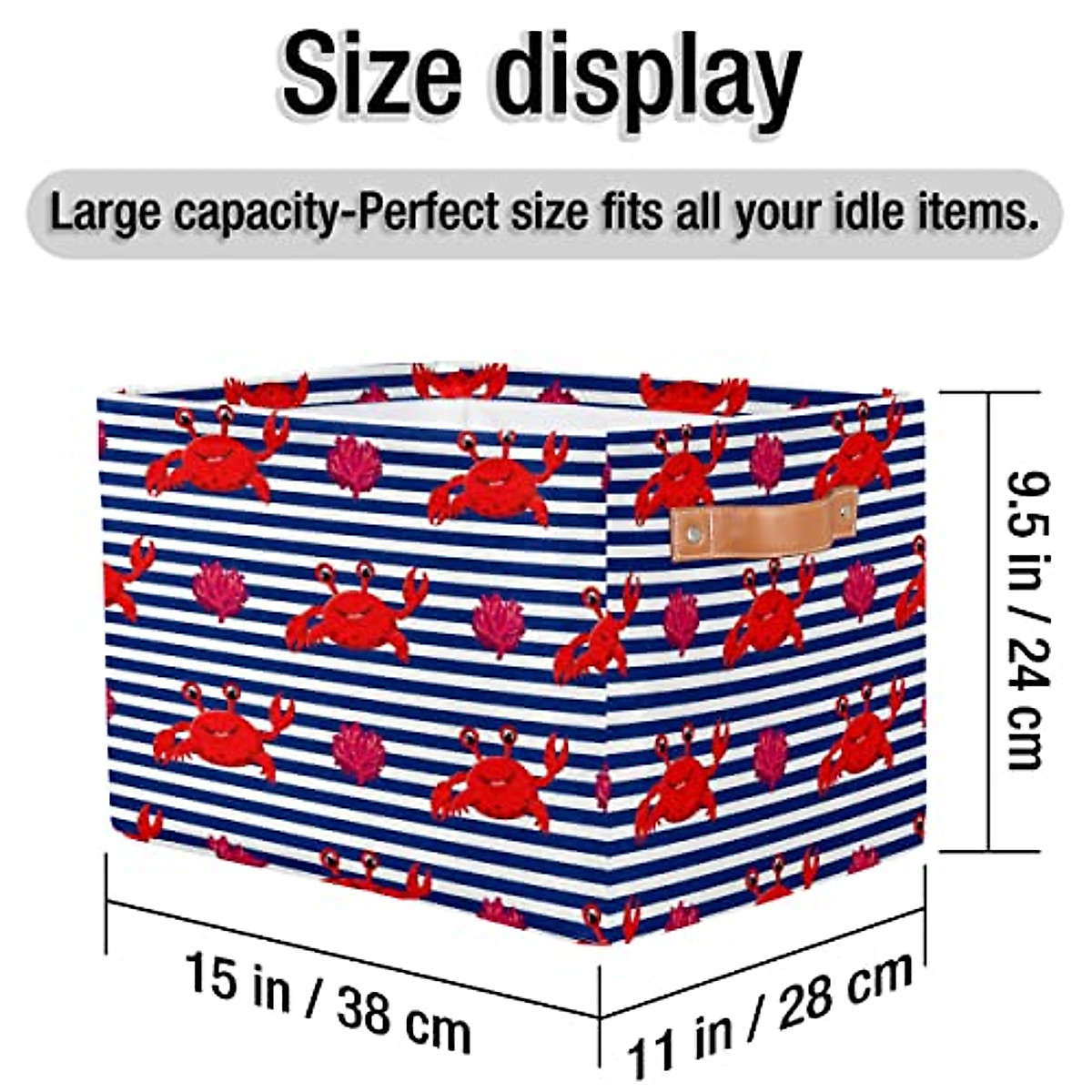 YoCosy Large Storage Baskets for Organizing Shelves Ocean Crab Navy Blue Stripe Nautical Foldable Cube Storage Bins with Handles Rectangle Fabric Closet Organizers for Home Toys Clothes, 1 Pack
