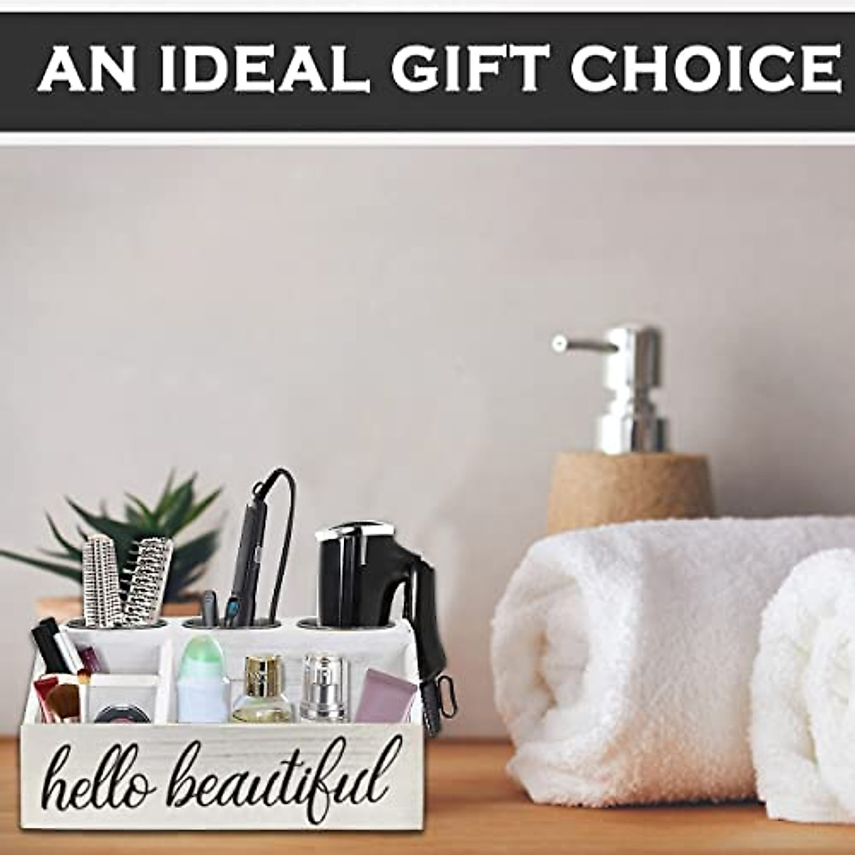 Rustic Wood Farmhouse Bathroom Hair Tool Organizer - Makeup Organizer - Vanity Tray - Vanity Organizer for Bathroom Counter - Hair Dryer Holder - Blow Dryer Holder - Bathroom Counter Tray 12" x7”