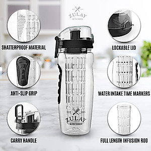 Zulay (34oz Capacity) Fruit Infuser Water Bottle with Sleeve - Anti-Slip Grip & Flip Top Lid Infused Water Bottles for Women & Men - Water Infusion Bottle - Onyx Black