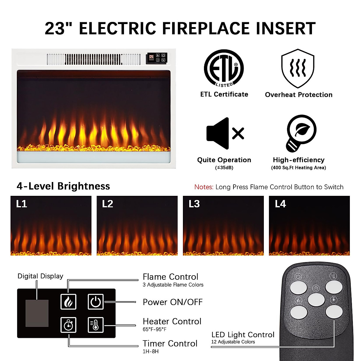 Avocahom Fireplace TV Stand for TVs up to 65”, LED Light Entertainment Center w/Black 23” Electric Fireplace, 2 Open Shelves & Storage Cabinet, Modern Wood Texture Console Table for Living Room, Black