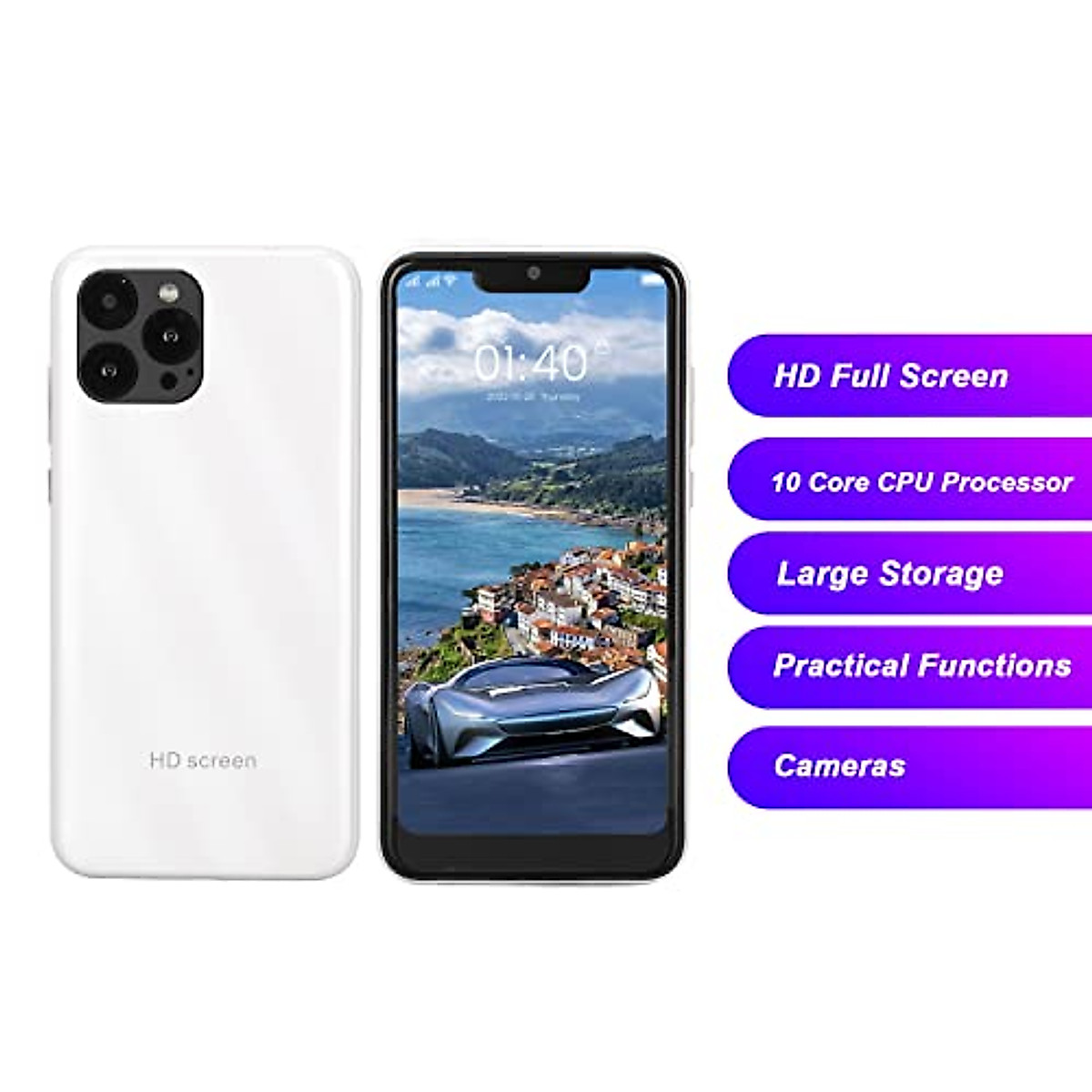 iP13 Pro MAX Unlocked Smartphone, 6.1in 3GB 32GB Face ID Cell Phone Unlocked for Android 6.0, MT6799 10 Core,Dual SIM, 5MP 8MP Dual Camera, 2800mAh Mobile Phone Support 128GB Expandable(White)
