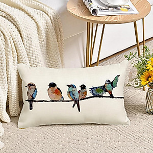 RABUSOFA 12x20 Lumbar Pillow Decorative Throw Pillows,Small Hand-Painted Outdoor Birds Pillowcases,Spring Summer Pillows Decorative Throw Cushion Covers Linen for Couch Sofa Teal Blue