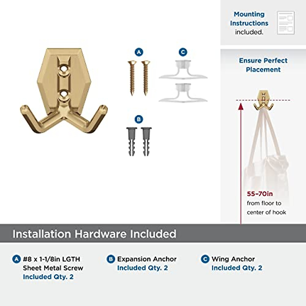 Amerock H37008CZ | Benton Double Prong Decorative Wall Hook | Champagne Bronze Hook for Coats, Hats, Backpacks, Bags | Hooks for Bathroom, Bedroom, Closet, Entryway, Laundry Room, Office