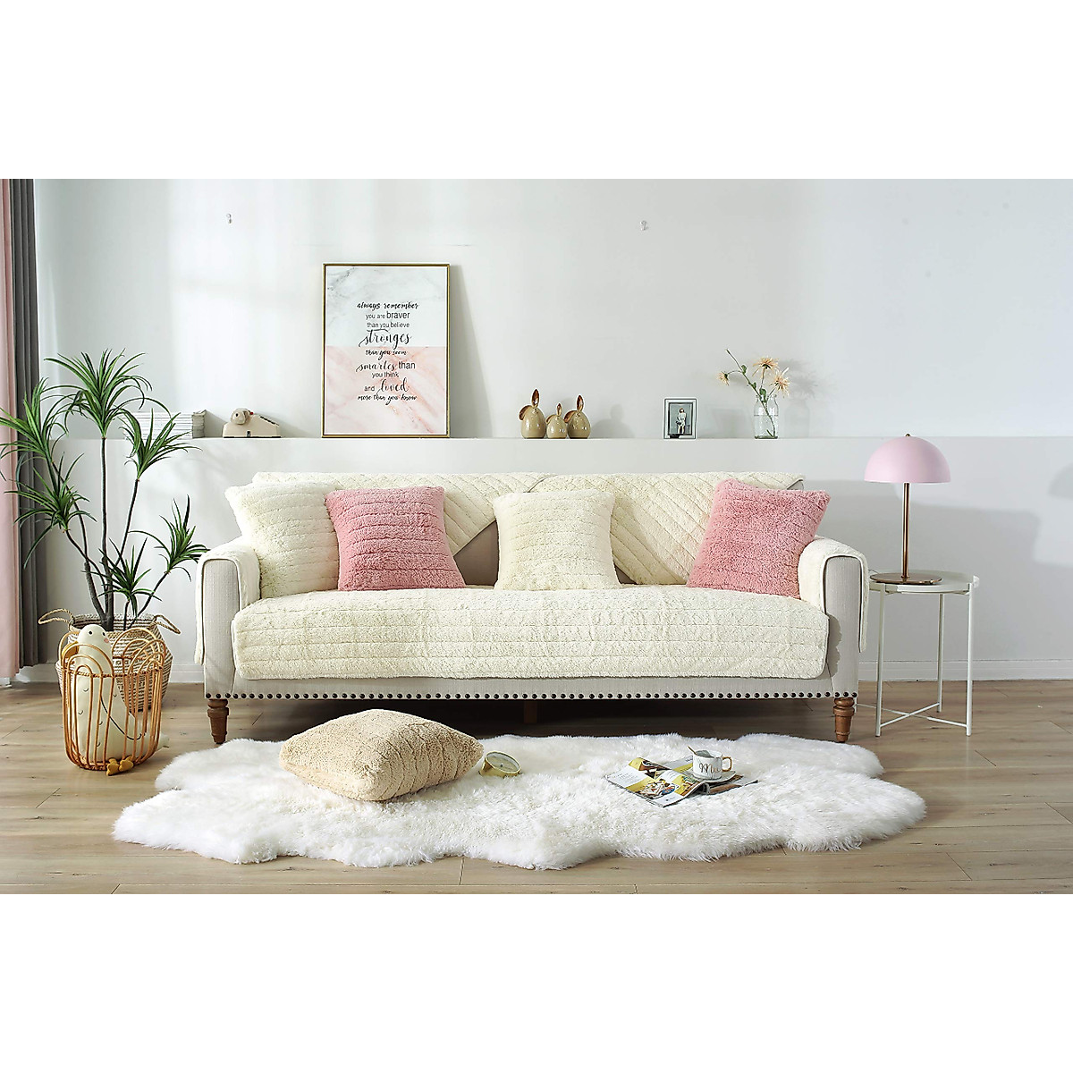 SINCERE Custom Size Plush Bay Window Seat Mats, Sofa Slipcovers, Area Rug Pads, Thickened Non-Slip Couch/Bench Seat Covers Indoor, Window Sill Tatami Rugs (Creamy-White, 28x71 inch)