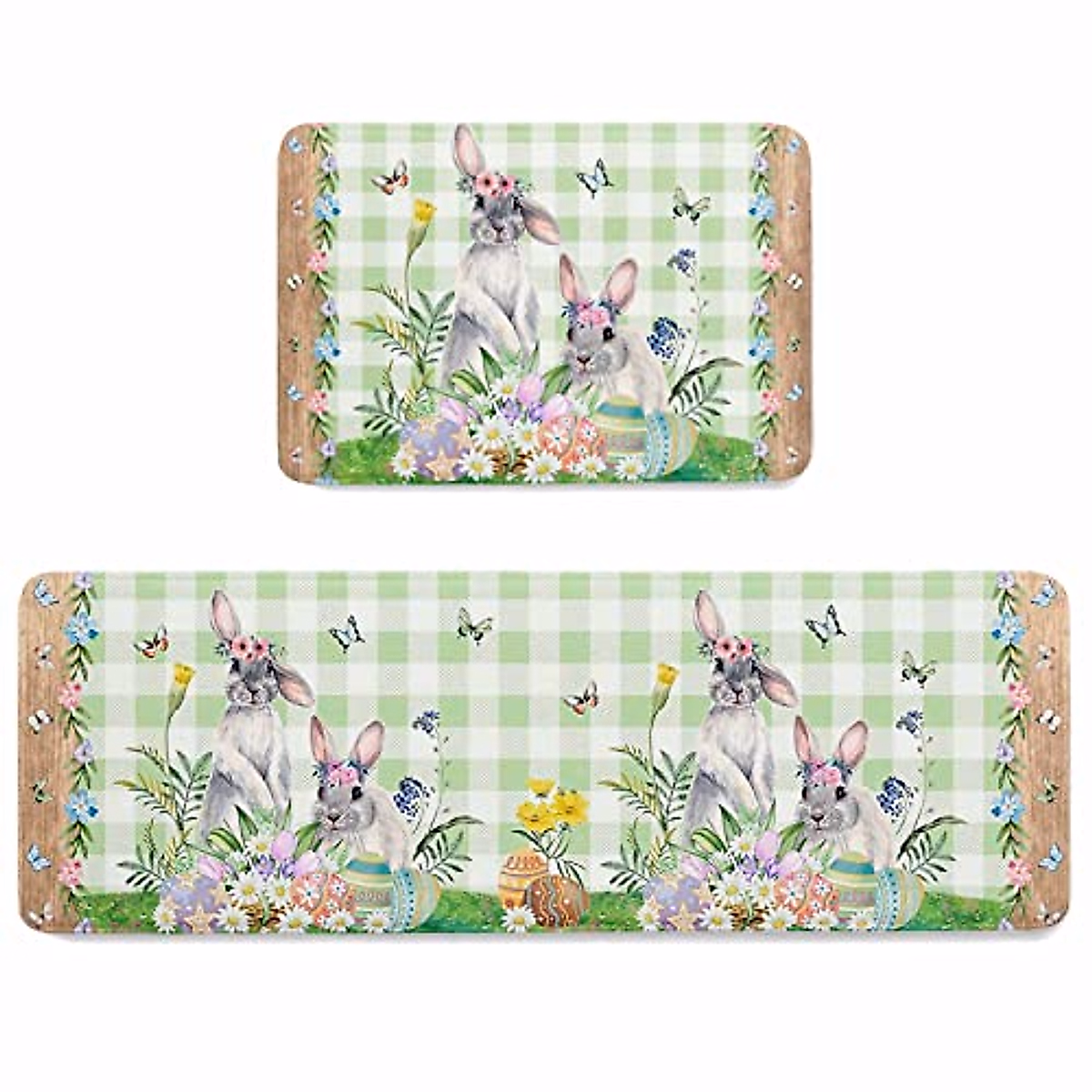 Greday Plaid Green 2 PCS Cushioned Anti-Fatigue Kitchen Mats and Rugs,Spring Holiday Colored Eggs Easter Egg Bunny Daisy Floral Absorbent 18inchx 30inch+ 18inchx 48inch