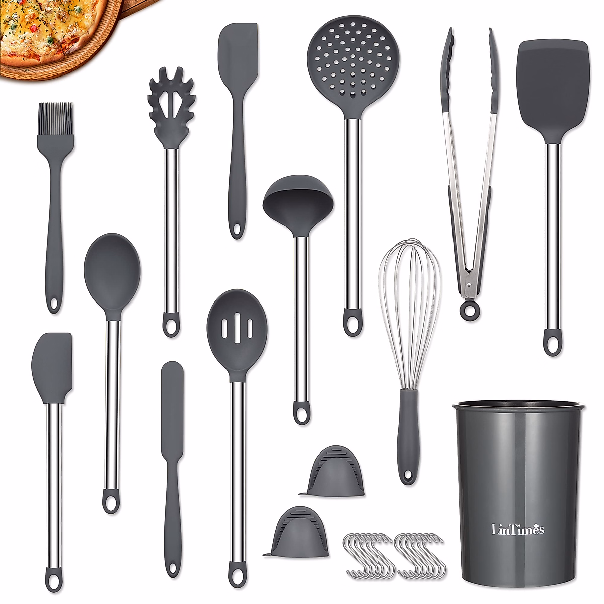 Fashionwu Silicone Cooking Utensil Set, 13 Pcs Nonstick Heat Resistant Silicone Cookware Set with Storage Bucket, Stainless Steel Handle Kitchen Utensil Set, Gray