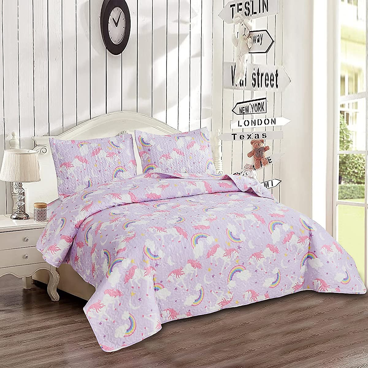 Girls Quilt Bedding Twin Size Bedspread Unicorn Bedding Kids Quilt Bedspread Twin Quilts Girls Bed Set Lightweight Reversible Quilt Girls Bedspread Coverlet Purple Rainbow Unicorn Animal Quilts