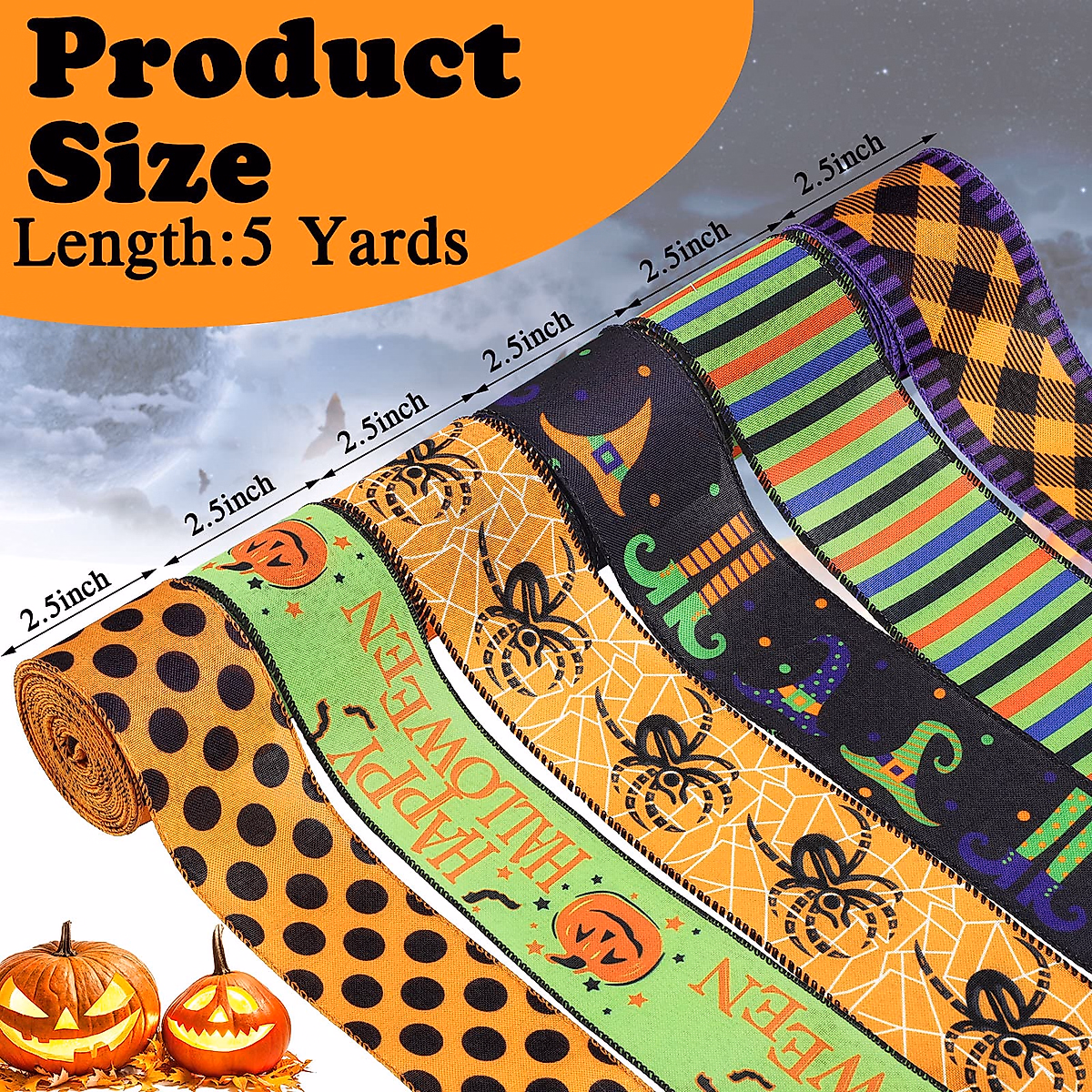 6 Rolls 30 Yards Halloween Wired Edge Ribbons Stripe Burlap Printed Ribbon Spider Web Pumpkin Ribbon Happy Halloween Decorative Wrapping Ribbon for Halloween DIY Craft Floral Bow