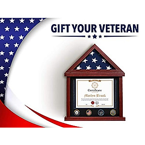 flybold Small Flag Case for American Veteran Burial Flag - Solid Wood Military Shadow Box with Wall Mount fits a 3 x 5 ft Folded Flag Display Case Set with Certificate Holder - Mahogany Frame
