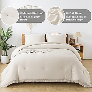 Andency Twin Comforter Set Beige, 2 Pieces Boho Tassel Kids Comforter Sets for Boys Girls Teens, Soft All Season Bedding Comforter Set (66x90In Comforter & 1 Pillowcase)