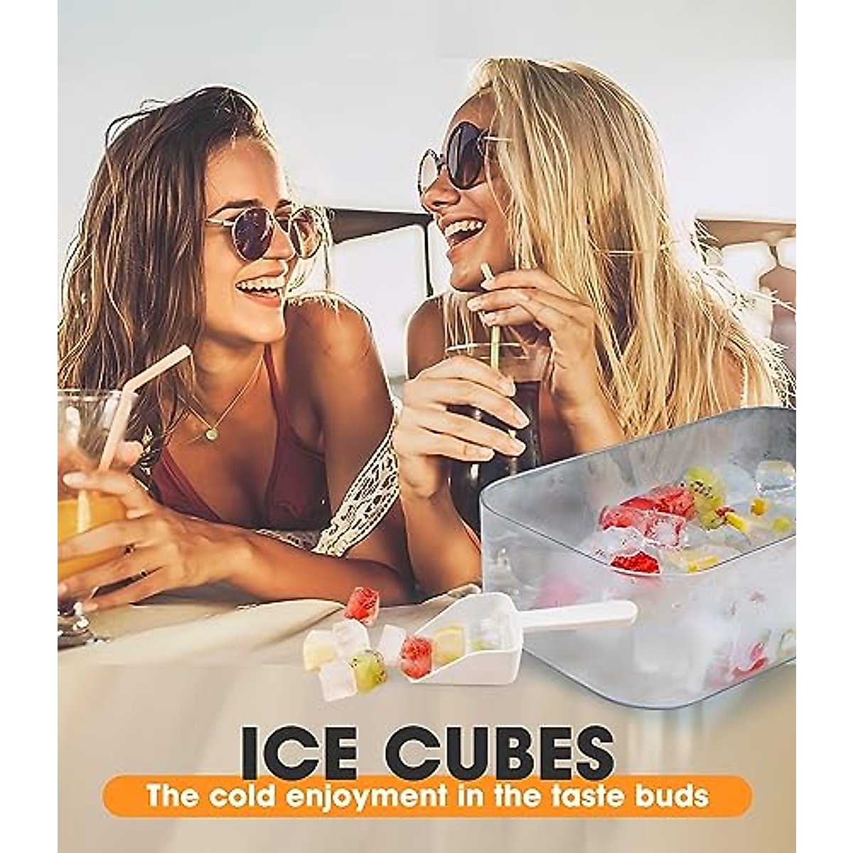 Ice Cube Trays with LId and Bin, Easy Release Ice Trays for Freezer, 2 Pack Ice Cube Molds, 64 Pcs Ice Cube Tray, Large Capacity Ice Tray Holder, Includes Ice Tong, Ice Spoon, for Whiskey, Cocktail.