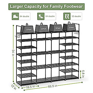 Kottwca Large Shoe Rack Organizer, 4 Row 8 Tier Shoe Storage Shelf for Closet Entryway Garage, Metal Free Standing Shoe Holder for 62-66 Pairs of Shoes, Sturdy Stackable Shoe Stand for Bedroom