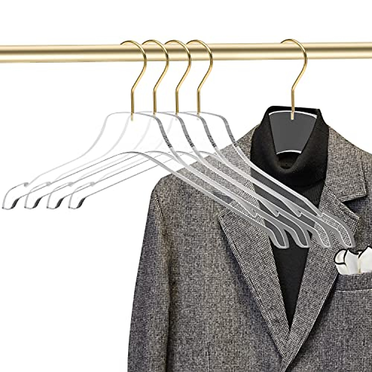 Quality Acrylic Clear Hangers, 5 Pack Clear Lucite Acrylic for a Luxurious Look and Feel with Swivel Hook, Suit Coat Shirt Dress Hangers (Clear - Matte Gold Hook, 5)