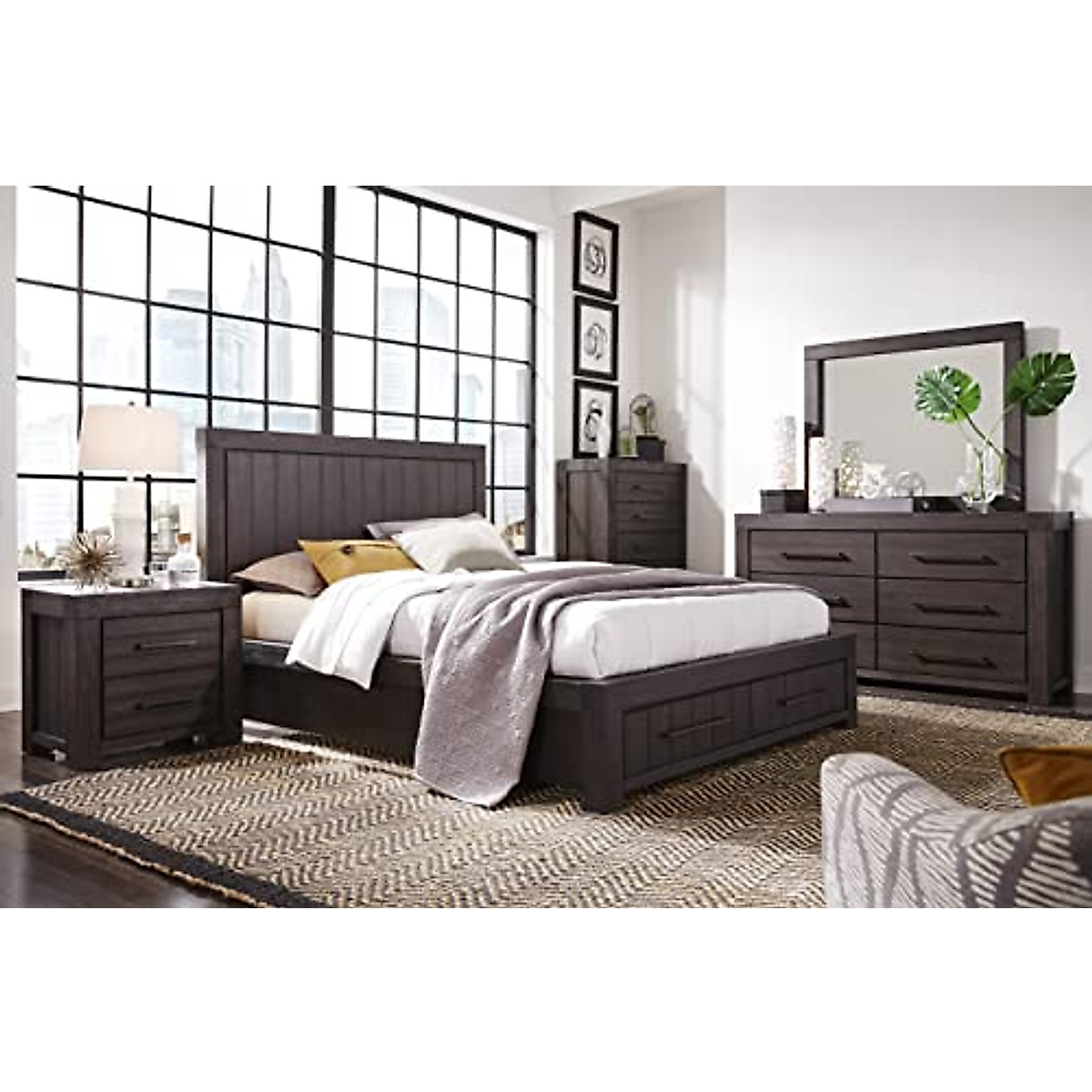 Modus Furniture Solid Wood Footboard-Storage Bed, California King, Heath - Basalt Grey