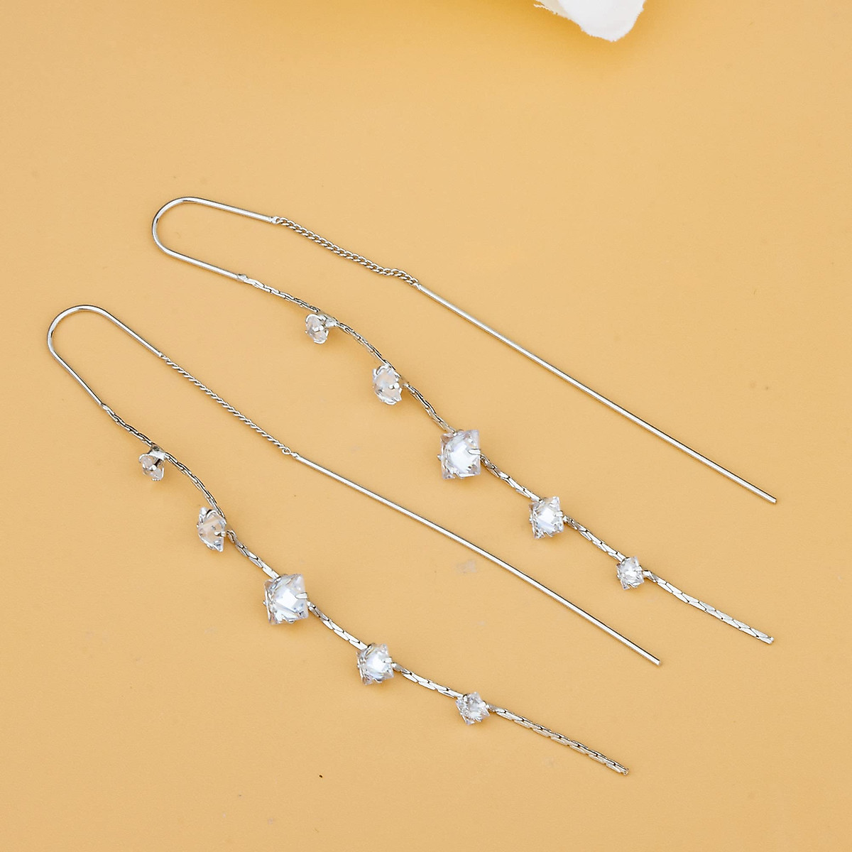 Threader Dangle Earring Long Chain Twist Curved Tassel Earring Star Butterfly Cubic Zirconia Gold Silver Drop Earring for Women Girl (Threader Earring-A)