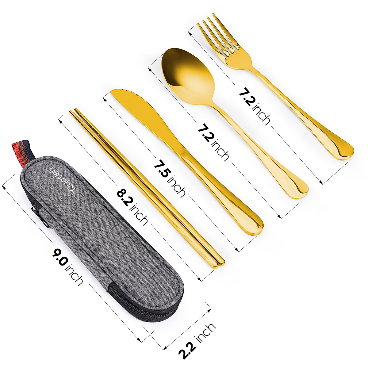 Travel Utensils with Case, Quatish Portable Silverware Set for Work, Stainless Steel Reusable Travel Cutlery Set, Fork and Spoon Set for Camping, Picnic, Gadgets, Lunch Box for Men, Gold