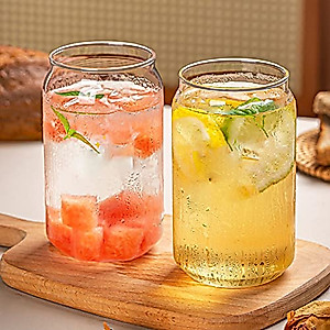 Tisovixo Beer Can Glass Drinking Glasses with Bamboo Lids and Straw,16oz Drinking Glass Cup 4pcs,Iced Coffee Cup Cocktail Glassware Bar Accessories,Beer Can Glass Tumbler Boba Cup with Lids and Straw