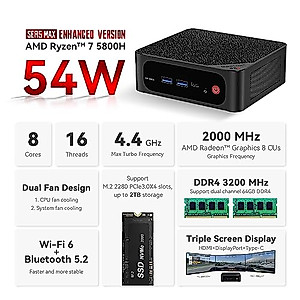 Beelink SER5 MAX Mini PC, AMD Ryzen 7 5800H (8C/16T, up to 4.4GHz, TDP 54W), 32GB DDR4 500GB M.2 NVMe SSD Vega 8 Graphics, Mini Desktop Computer 4K@60Hz Output/DP/HDMI/Type-C/WiFi 6/BT5.2/Gaming/Home