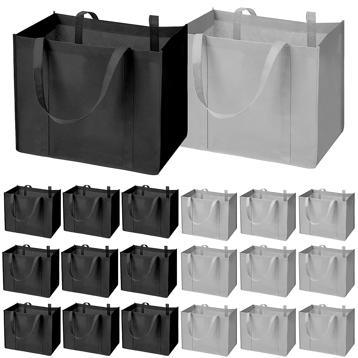 HECTOLIFE 20-Pack Reusable Grocery Bags，Large Washable Foldable Shopping Bags，Heavy Duty Tote Bags with Reinforced Handles(Black and Grey)