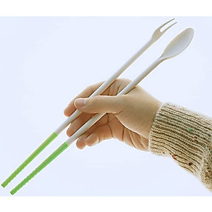 Silicone Cooking Chopsticks with Measuring spoon and fork,Safe Frying,Hot Pot,Seasoning spoon,Measuring spoon,Dessert fork,Fruit fork,Toothpick fork. (Green (tail spoon + fork))