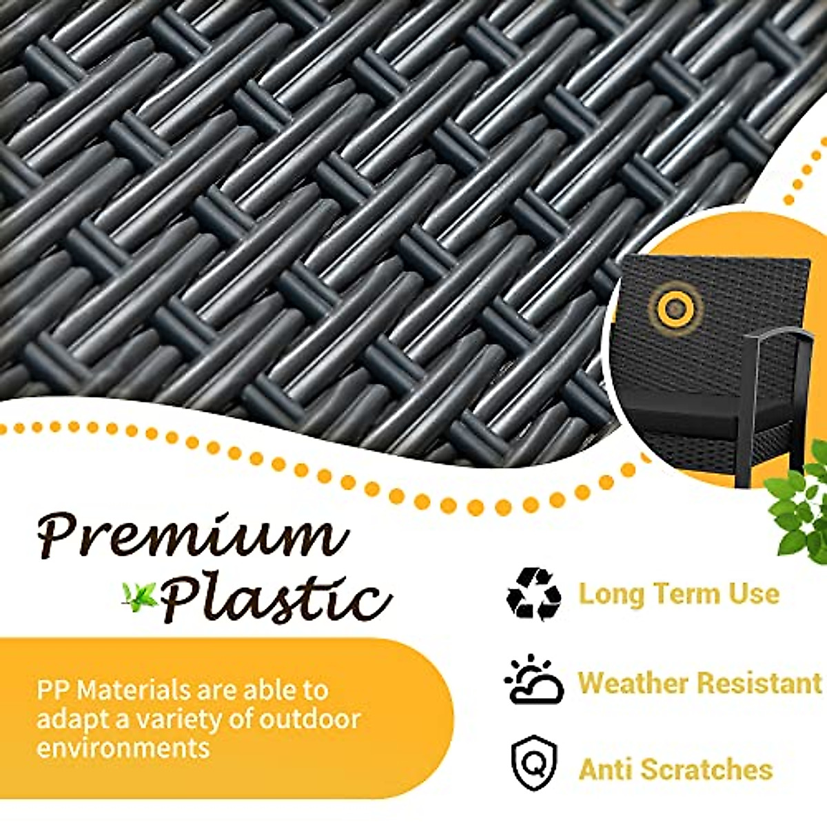 JUMMICO Patio Chairs 3 Piece Outdoor Furniture with All Weather Plastic Seat & Metal Frame Patio Conversation Set for Porch, Balcony, Poolside (Black)