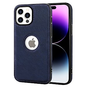 MZELQ for iPhone 14 Pro Max Case PU Leather Vegan Slim Logo View Luxury Elegant Classic Screen Protector Protective Phone Case (2022) 6.7" - Blue