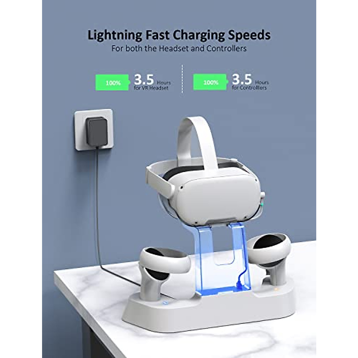 NexiGo Enhanced Charging Dock with LED Light [On/Off] for Oculus Quest 2, [Support Elite Strap with Battery], Headset Display Holder and Controller Mount, 2 Rechargeable Batteries, USB-C Charger