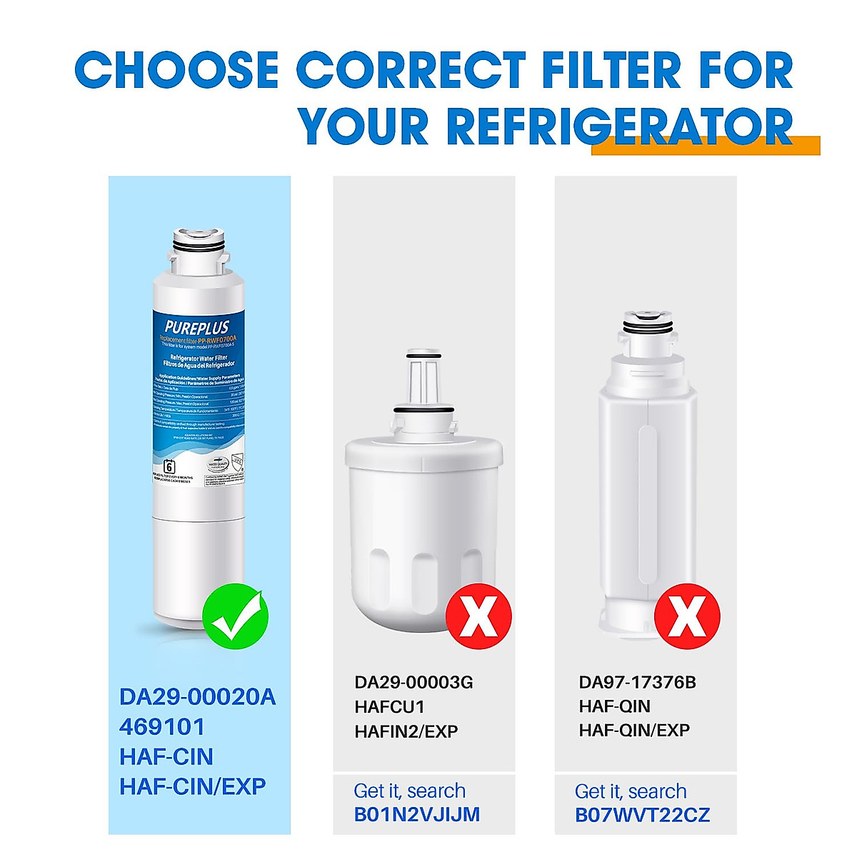 PUREPLUS DA29-00020B Refrigerator Water Filter Replacement for Samsung RF28HMEDBSR, RF263BEAESR, HDX FMS-2, HAF-CIN/EXP, RF4287HARS, RF28HFEDBSR, DA29-00020A, RF261BEAESR, DA97-08006A, 469101, 3PACK