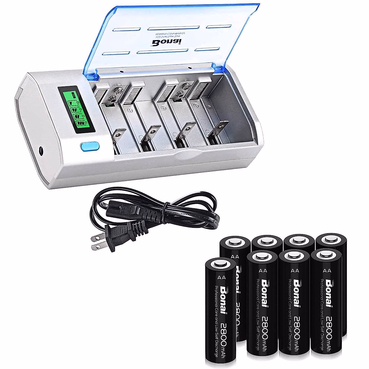 BONAI LCD Universal Battery Charger - Discharge Function - for Ni-MH Ni-CD AA, AAA, C, D, 9V Rechargeable Batteries with Rechargeable AA Batteries 2800mAh 1.2V Low Self Discharge (Pack of 8)