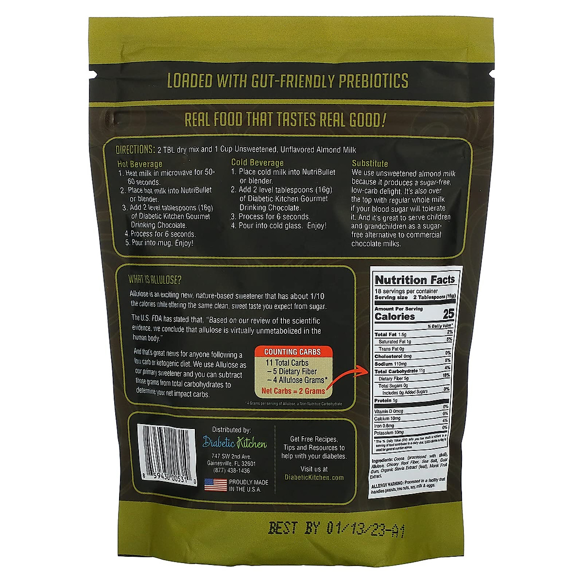 Diabetic Kitchen Gourmet Drinking Chocolate – Sugar Free, Keto Friendly, Low Carb Cocoa Powder Mix w/Prebiotics, No Artificial Sweeteners or Sugar Alcohols - Decadent Hot or Cold Drinks (18 Servings)