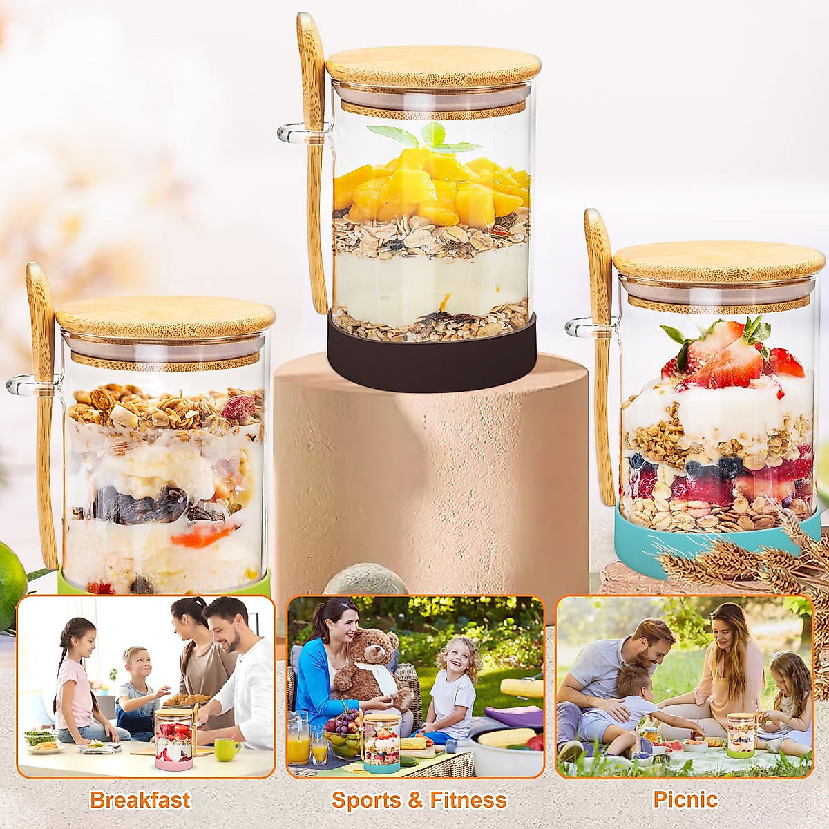 JinhzWin 4 Packs Overnight Oats Containers with Lids, 17 Oz Oats Overnight Glass Jar with Bamboo Spoon, Large Capacity Jars with 4 Colors Silicone Mats for Cereal Fruit Vegetable Yogurt Milk Salad